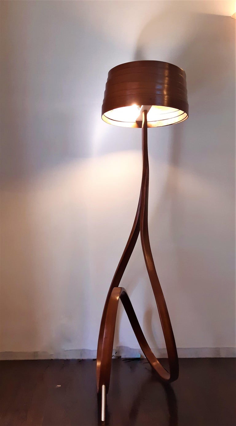 Brown Wooded Sculptural Floor Lamp with Brass Elements by Raka Studio ...