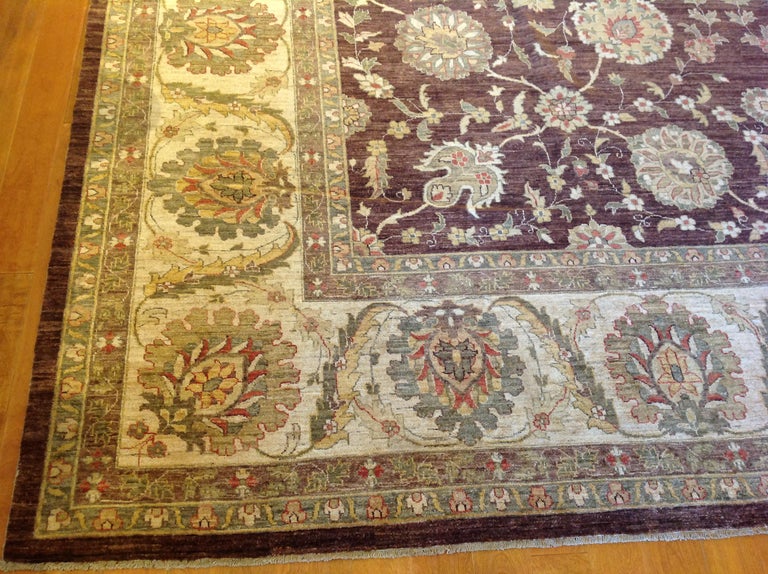 Brown Wool Area Rug with Floral Garland For Sale at 1stDibs