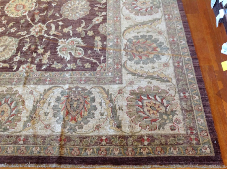Brown Wool Area Rug with Floral Garland For Sale at 1stDibs