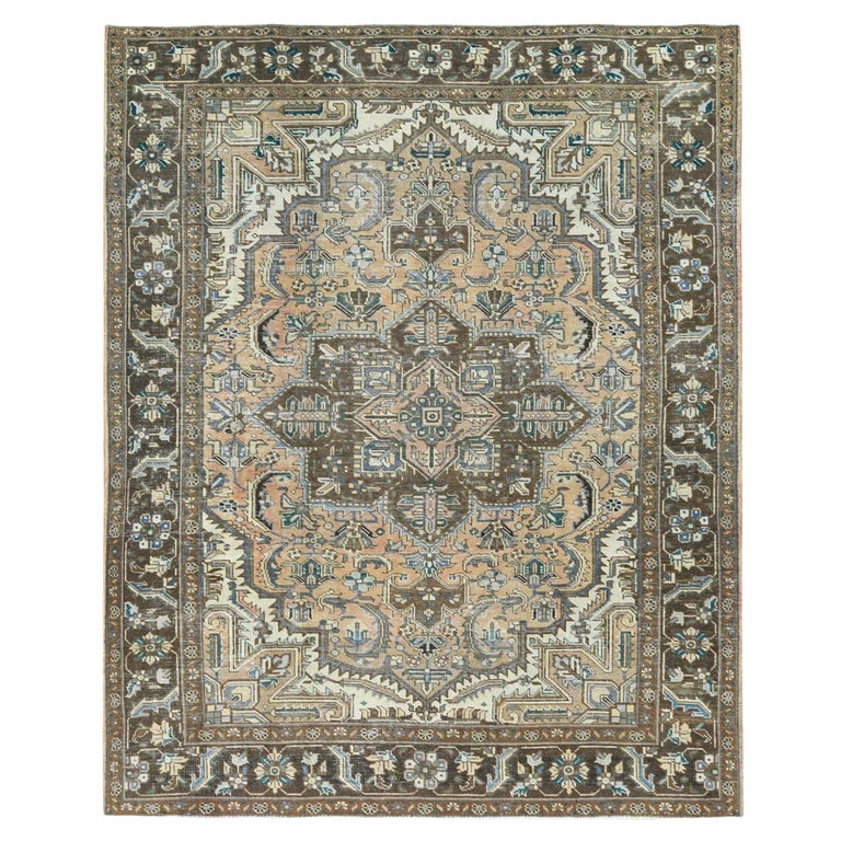 Brown Worn Down Distressed Look Worn Wool Hand Knotted Vintage Persian ...