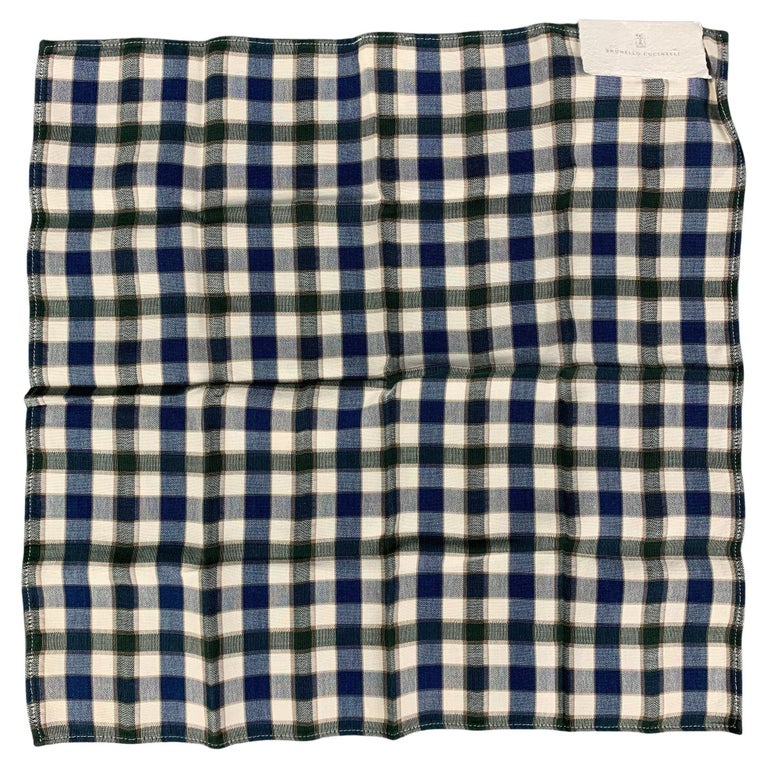 BRUNELLO CUCINELLI Navy Purple Green Checkered Pocket Square For Sale ...