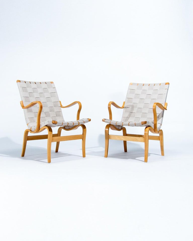 Bruno Mathsson Eva Armchairs in Beech and Linen, Mid Century Swedish ...