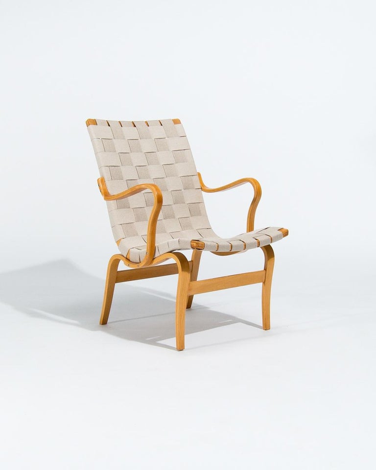 Bruno Mathsson Eva Armchairs in Beech and Linen, Mid Century Swedish ...