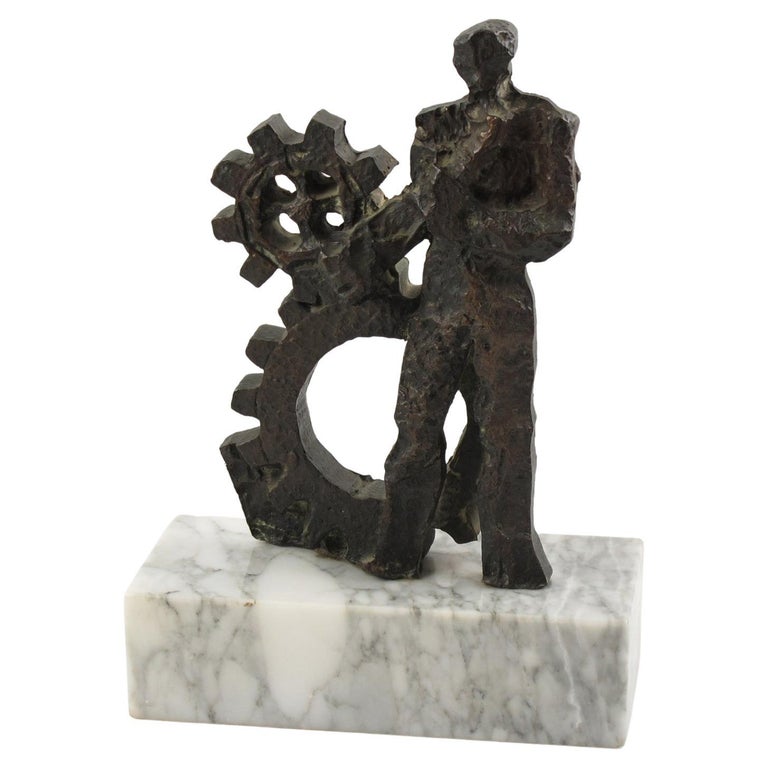 Brutalist Bronze Sculpture on Marble Base, Man and Machine, 1970s For ...