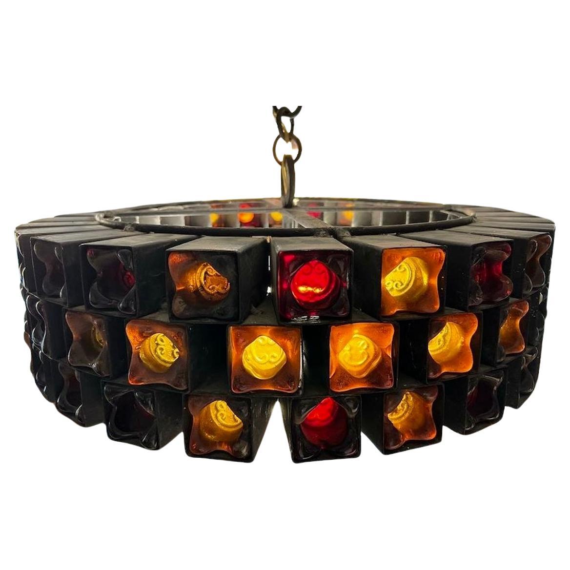 Brutalist Metal and Stained Glass Midcentury Pendant by Artist Felipe ...