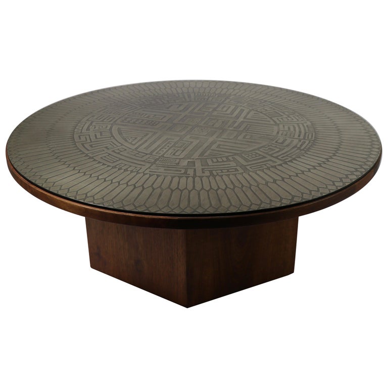 Brutalist Coffee Table with Aztec Style Metalwork Top Signed G. Urso ...