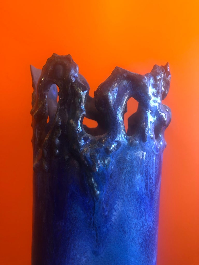 Brutalist Copper Vase with Dark Blue Enamel Overlays by Rita Brierton ...