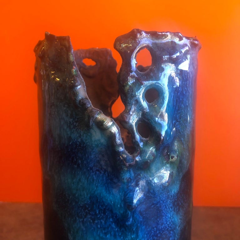 Brutalist Copper Vase with Dark Blue Enamel Overlays by Rita Brierton ...