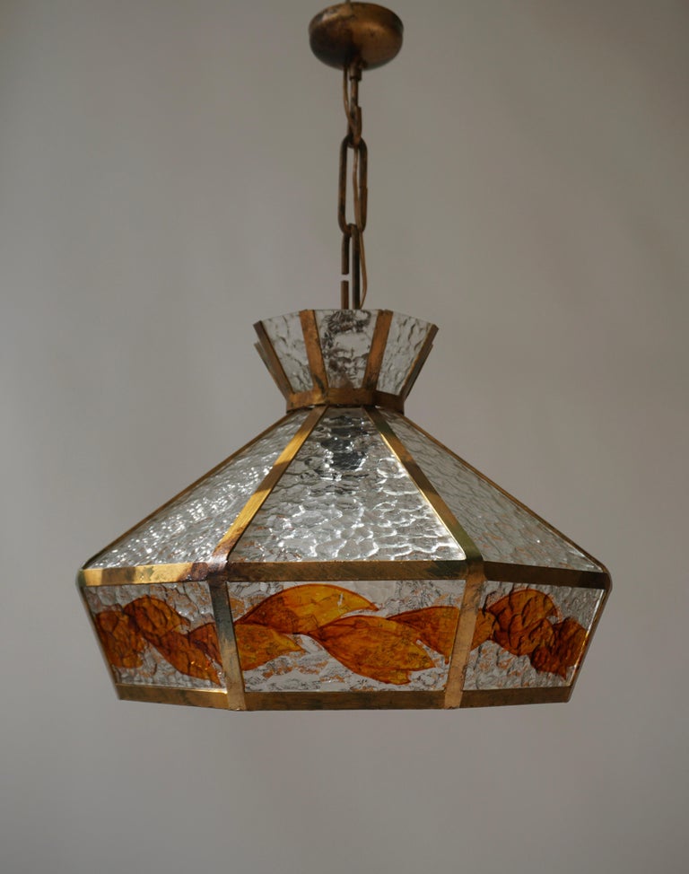 Brutalist Hand Painted Stained Glass Pendant Light Fixture For Sale at ...