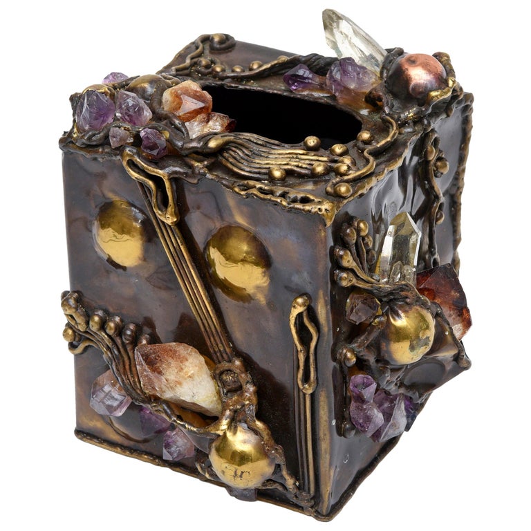 Brutalist Handwrought Mixed Metal, Amethyst and Quartz Tissue Box ...