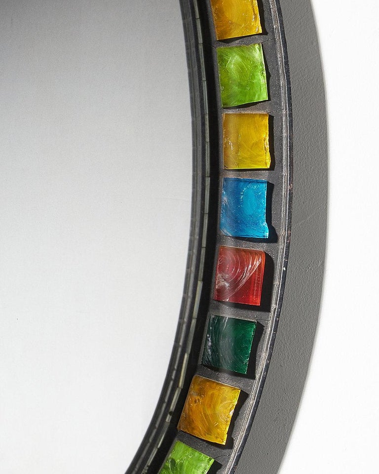 Brutalist Iron and Coloured Glass Elliptical Mirror For Sale at 1stDibs