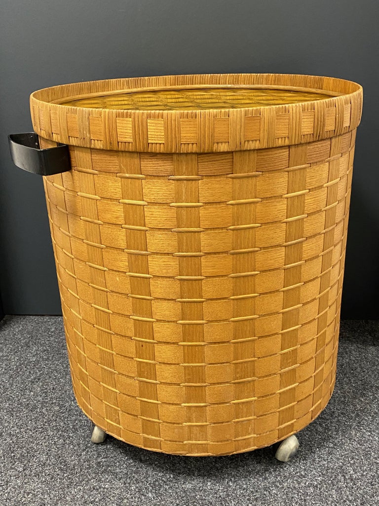 Brutalist Metal Door Wicker Barrel Bar Cart or Trolley Cabinet, German ...