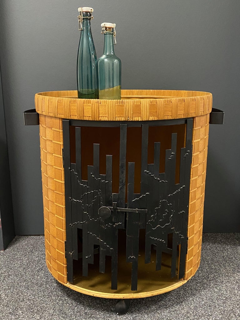 Brutalist Metal Door Wicker Barrel Bar Cart or Trolley Cabinet, German ...
