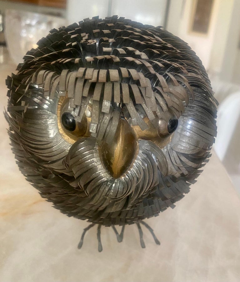 Brutalist Metal Hand Sculpted Owl Attributed to Sergio Bustamonte For Sale at 1stDibs