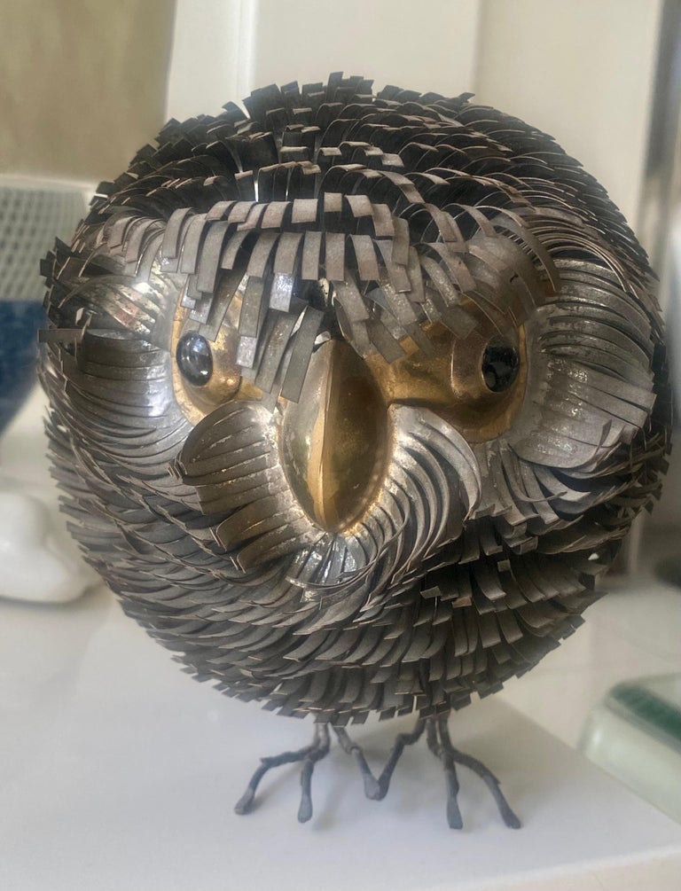 Brutalist Metal Hand Sculpted Owl Attributed to Sergio Bustamonte For Sale at 1stDibs