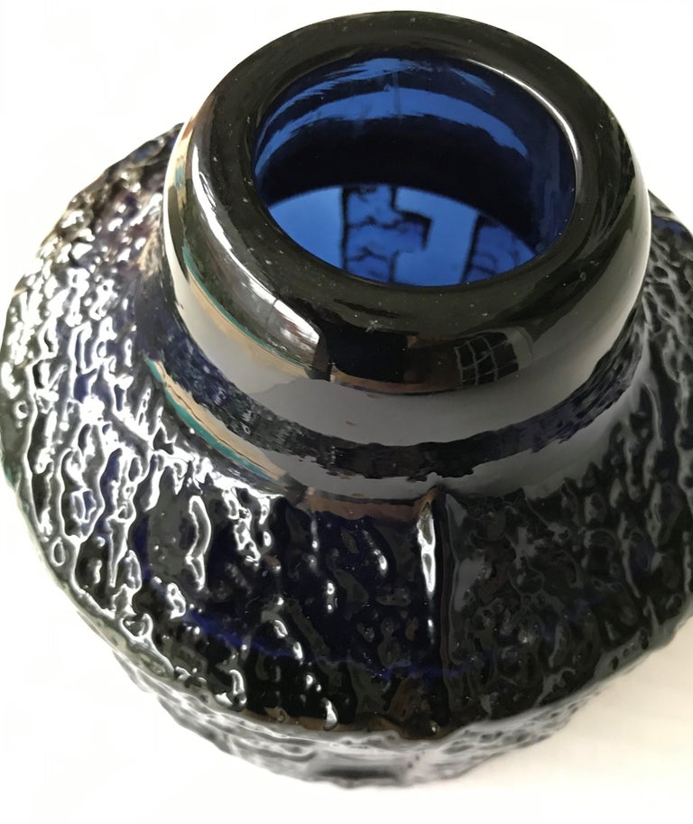 Brutalist Modern Textured Cobalt Blue Glass Vase, Gote Augustsson, Ruda ...