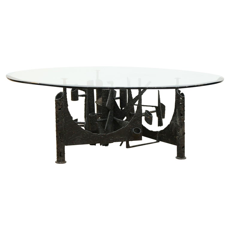 Brutalist Modern Welded Metal Coffee Table with Beveled Round Glass Top ...