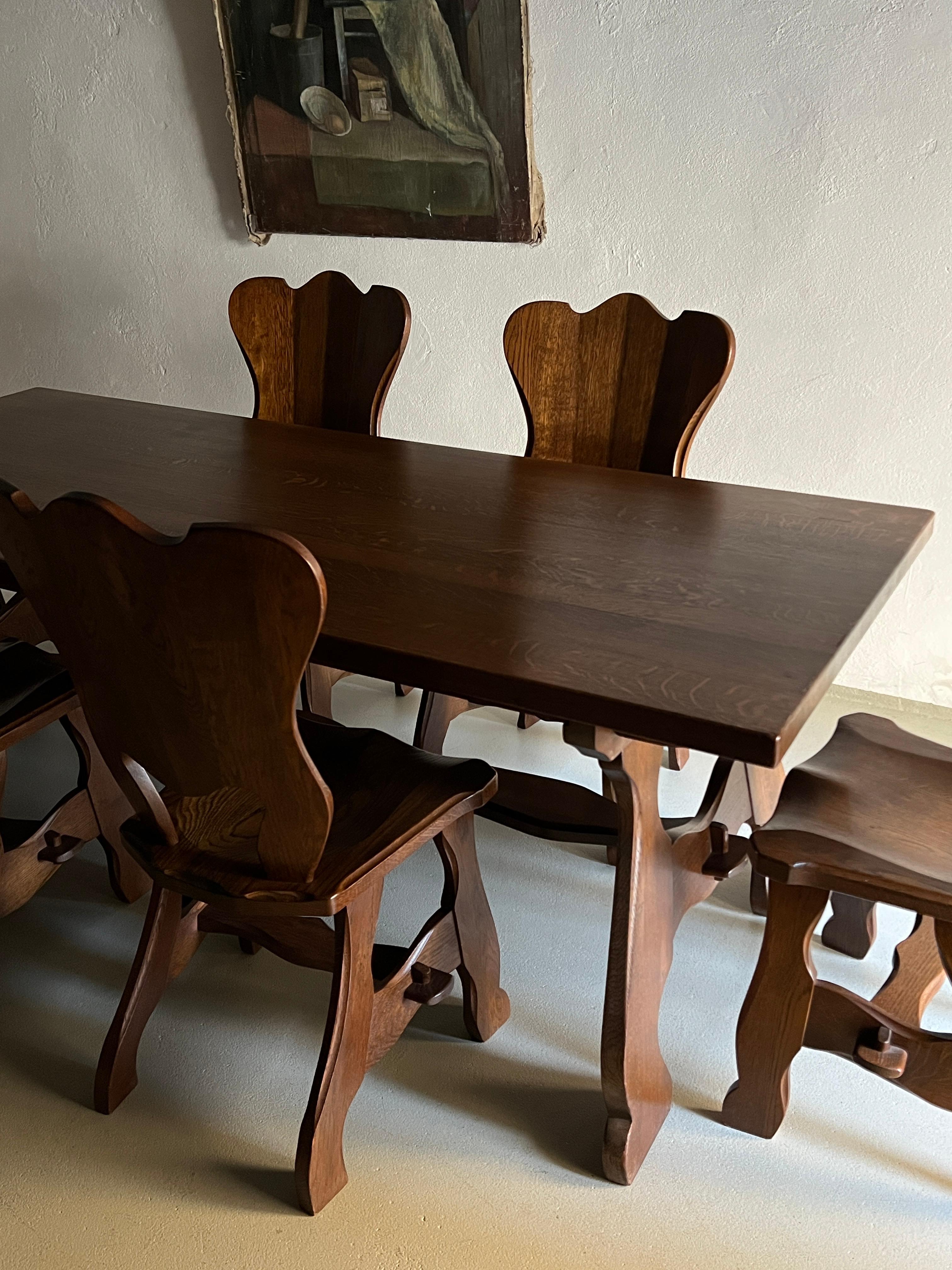 Brutalist Oak Dining Table Set with Six Chairs, Netherlands, 1970s For ...