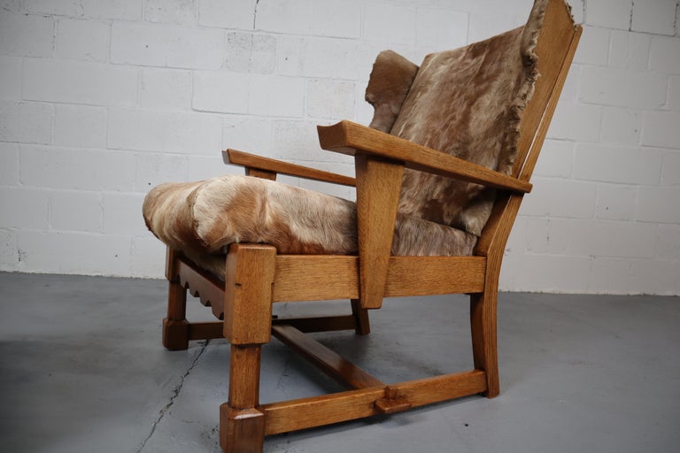 Brutalist Oak Lounge Chair and Ottoman with Upholstery in Goat Hide For ...