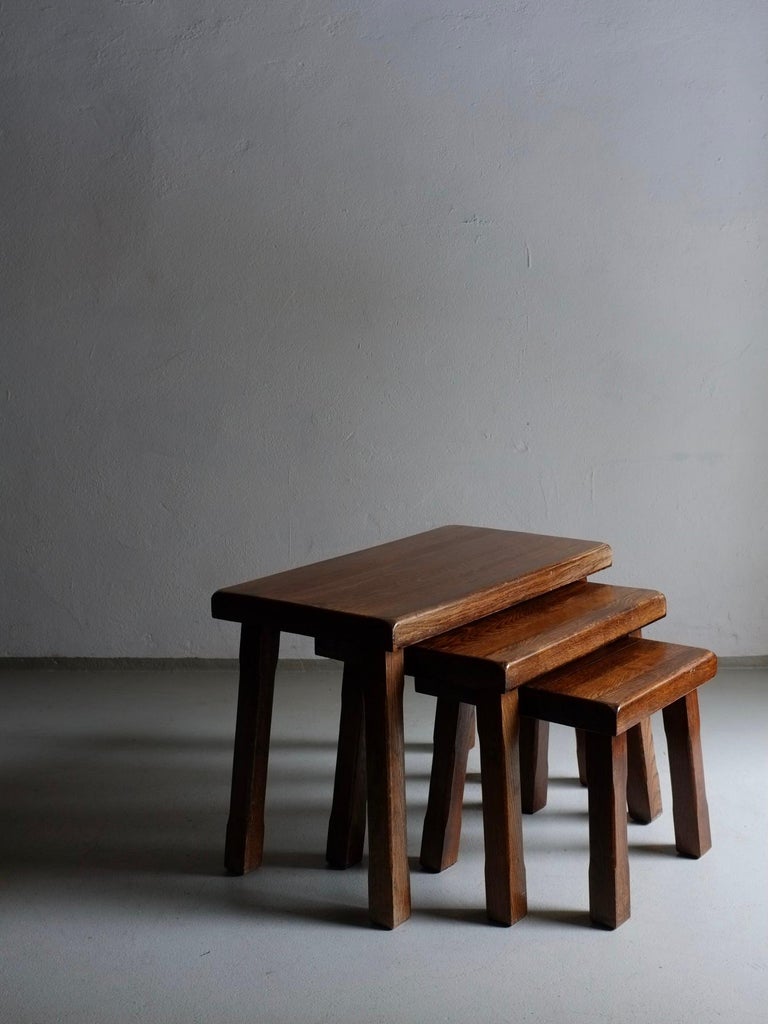 Brutalist Oak Side Tables or Benches, Set of 3, 1970s For Sale at 1stDibs