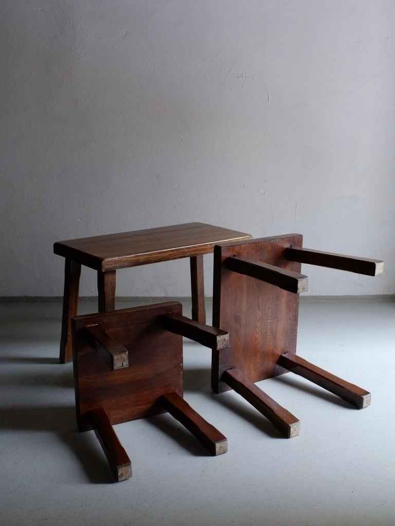 Brutalist Oak Side Tables or Benches, Set of 3, 1970s For Sale at 1stDibs