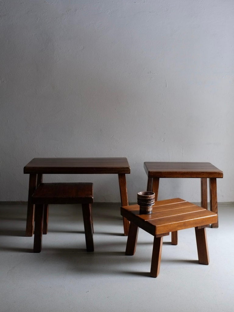 Brutalist Oak Side Tables or Benches, Set of 3, 1970s For Sale at 1stDibs
