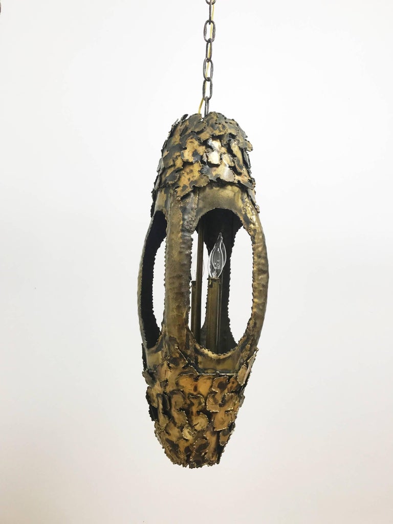 Brutalist Pendant or Lantern Executed in Torch-Cut Brass by Tom Greene ...