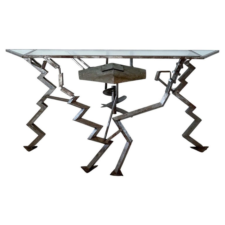 Brutalist Post-Modern Welded Brushed Steel Console Table with Glass Top ...