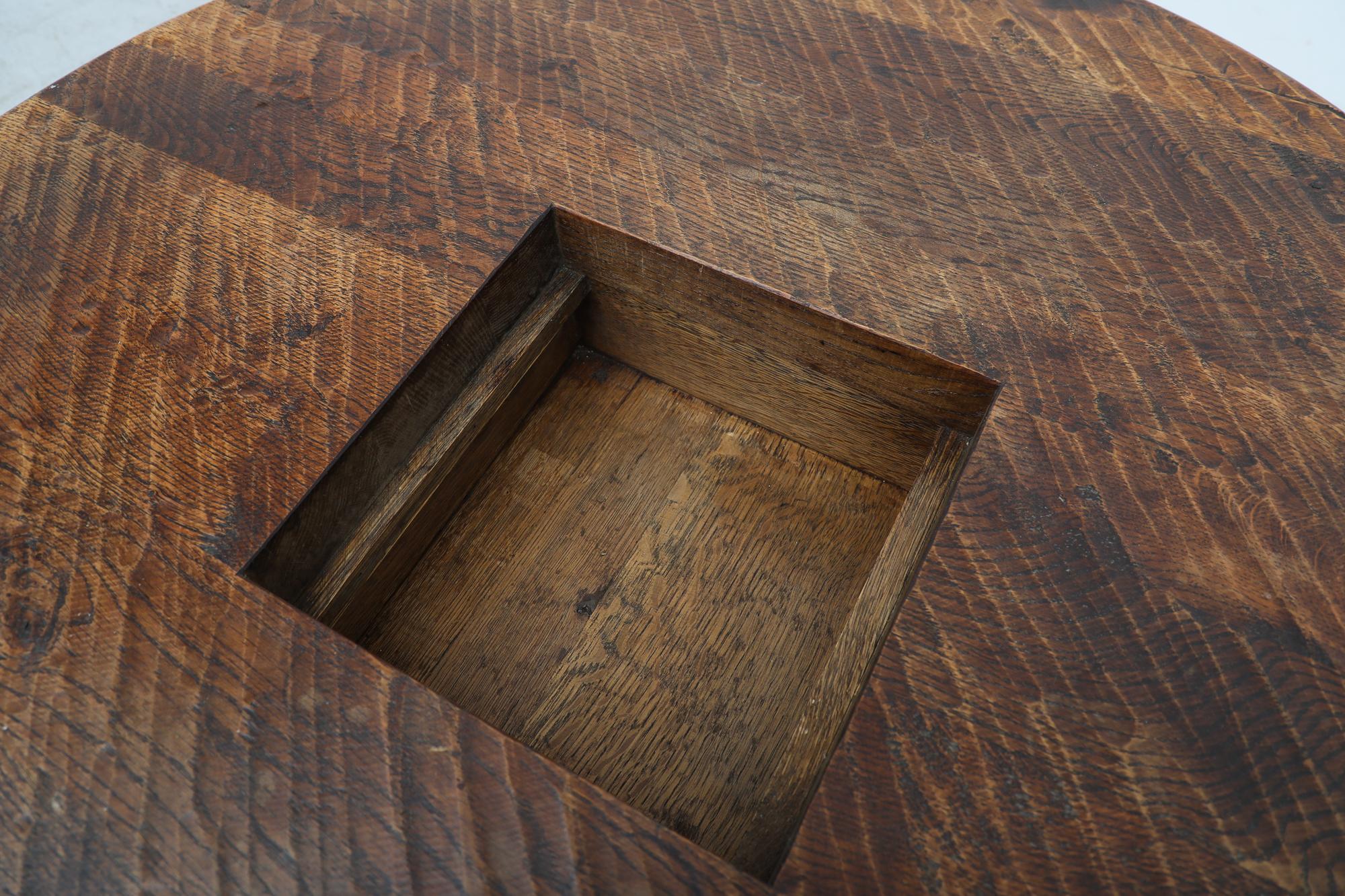 Brutalist Round Solid Oak Coffee Table with Stash Box at 1stDibs