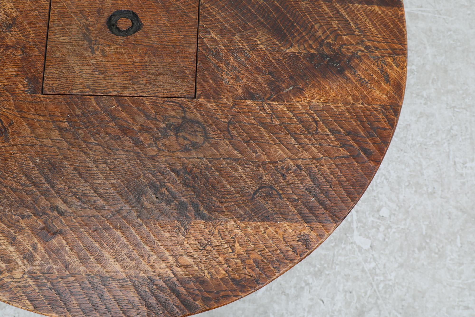 Brutalist Round Solid Oak Coffee Table with Stash Box at 1stDibs