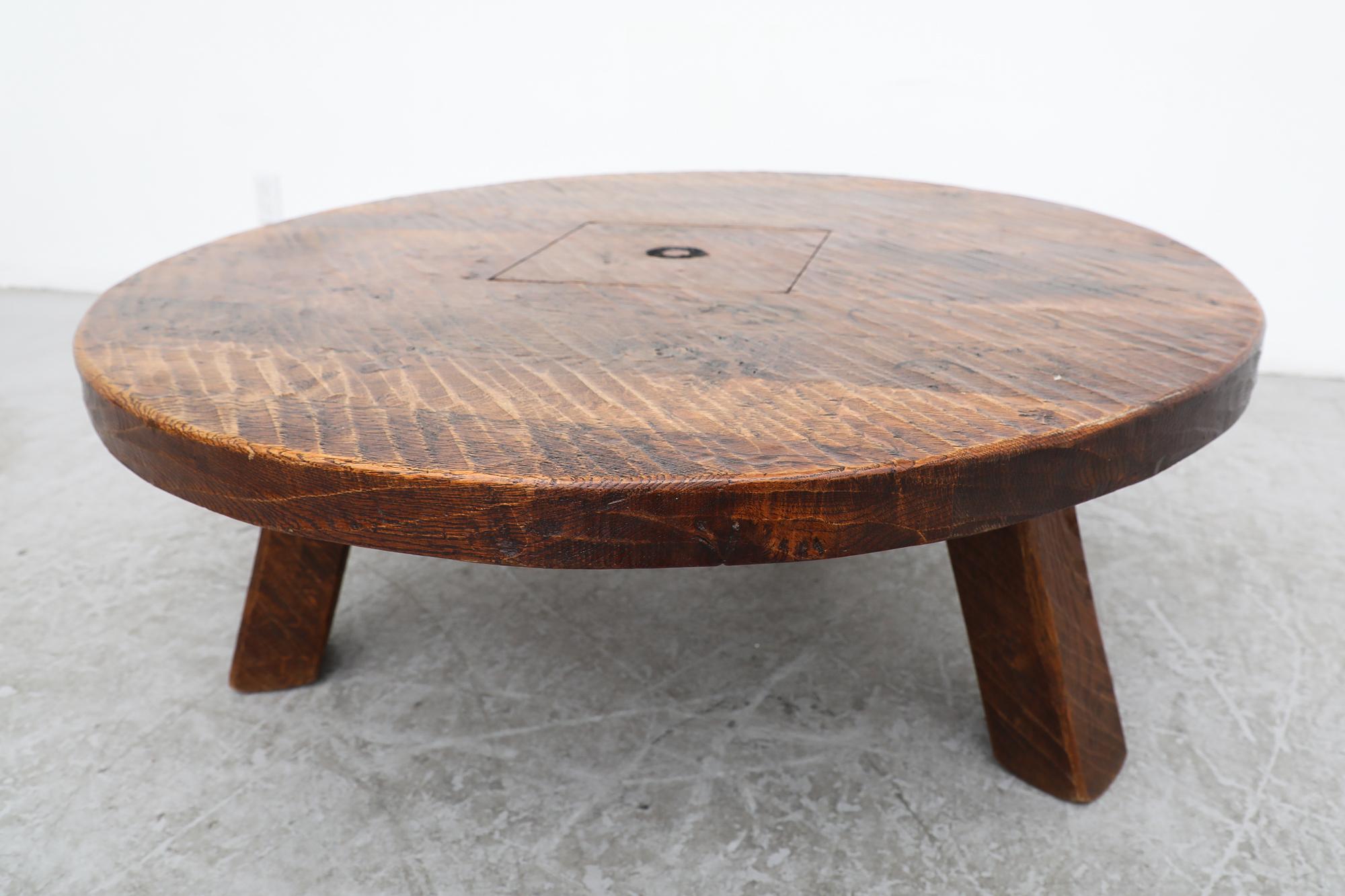 Brutalist Round Solid Oak Coffee Table with Stash Box at 1stDibs