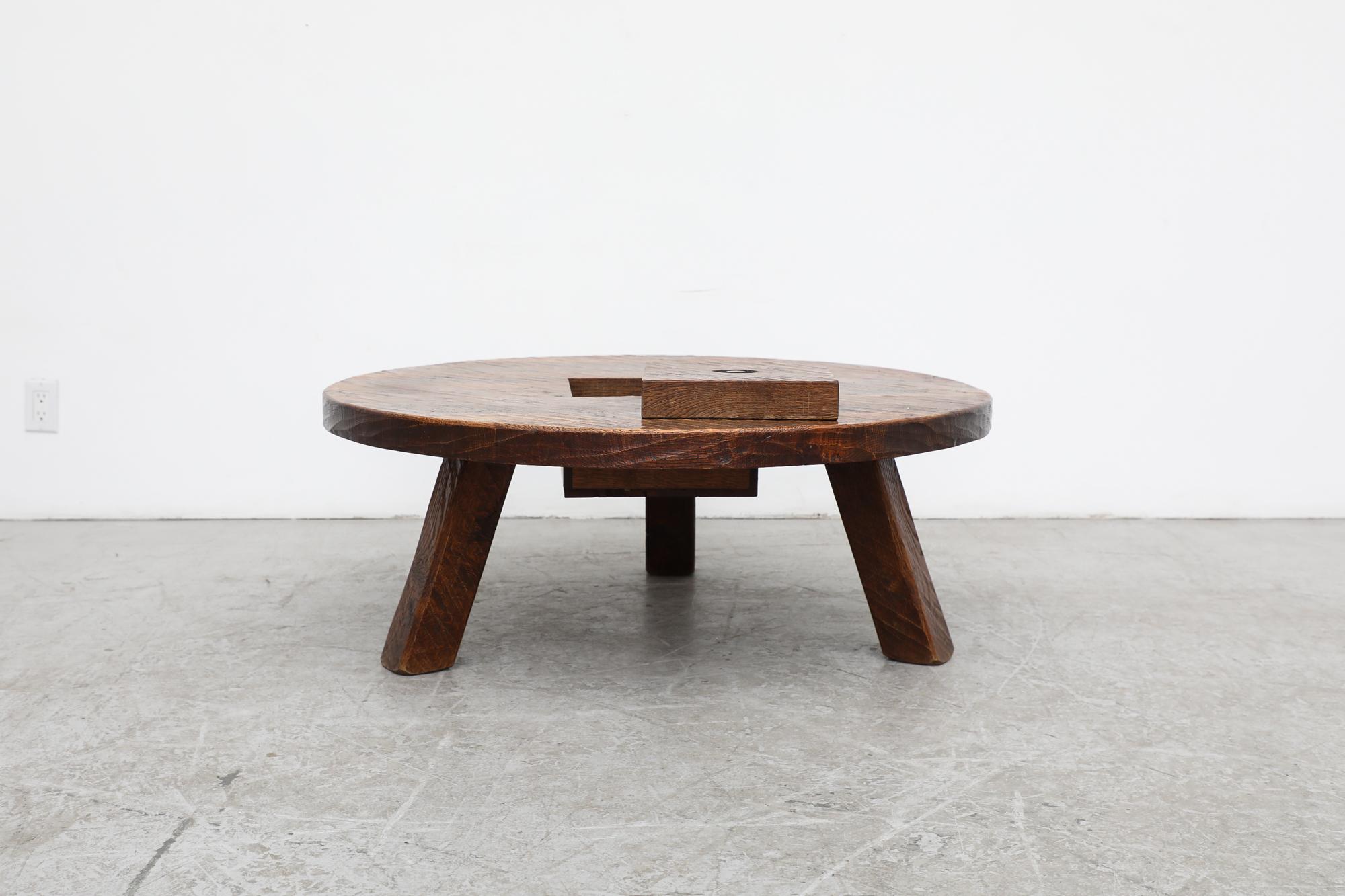 Brutalist Round Solid Oak Coffee Table with Stash Box at 1stDibs