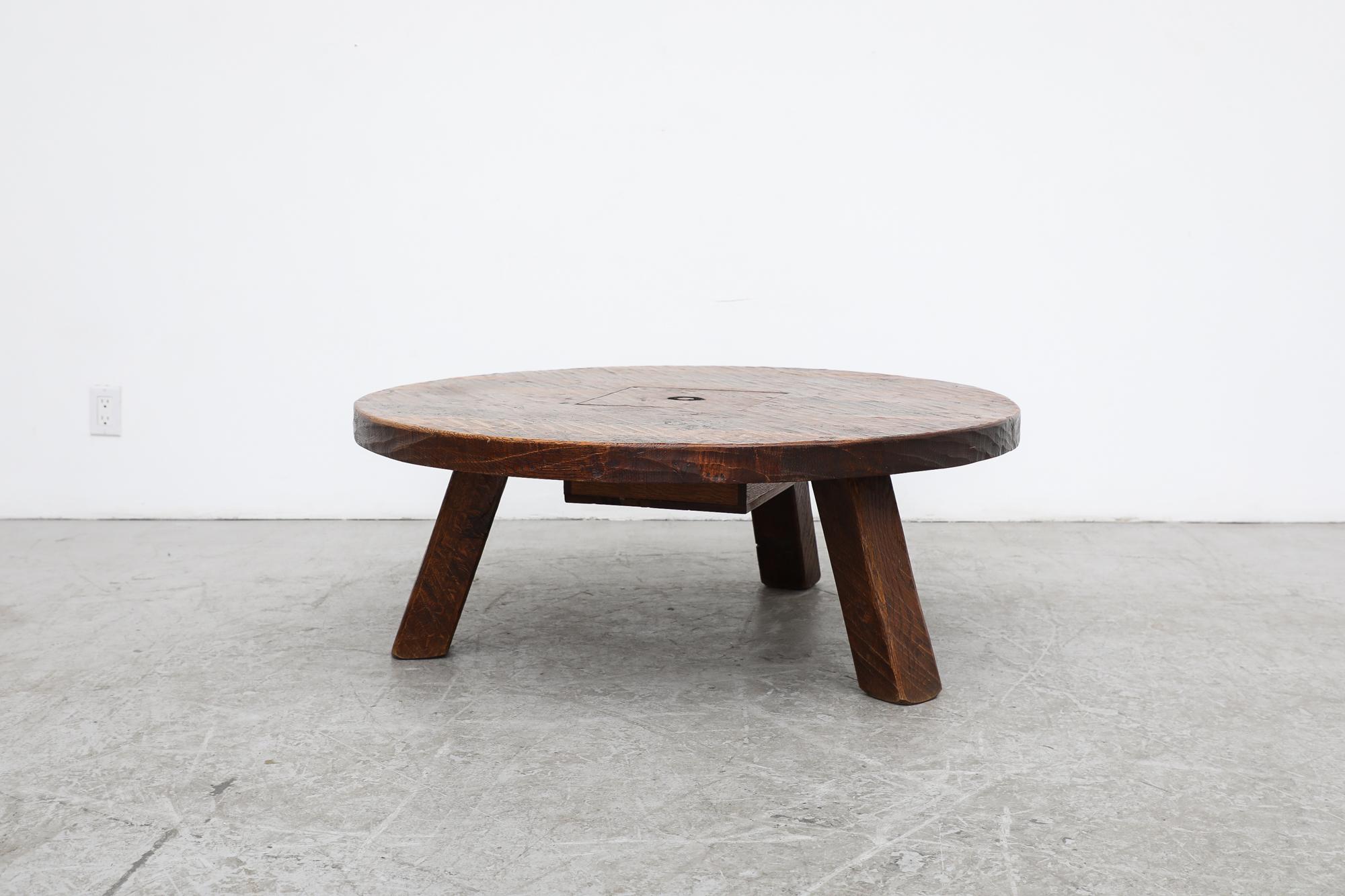 Brutalist Round Solid Oak Coffee Table with Stash Box at 1stDibs