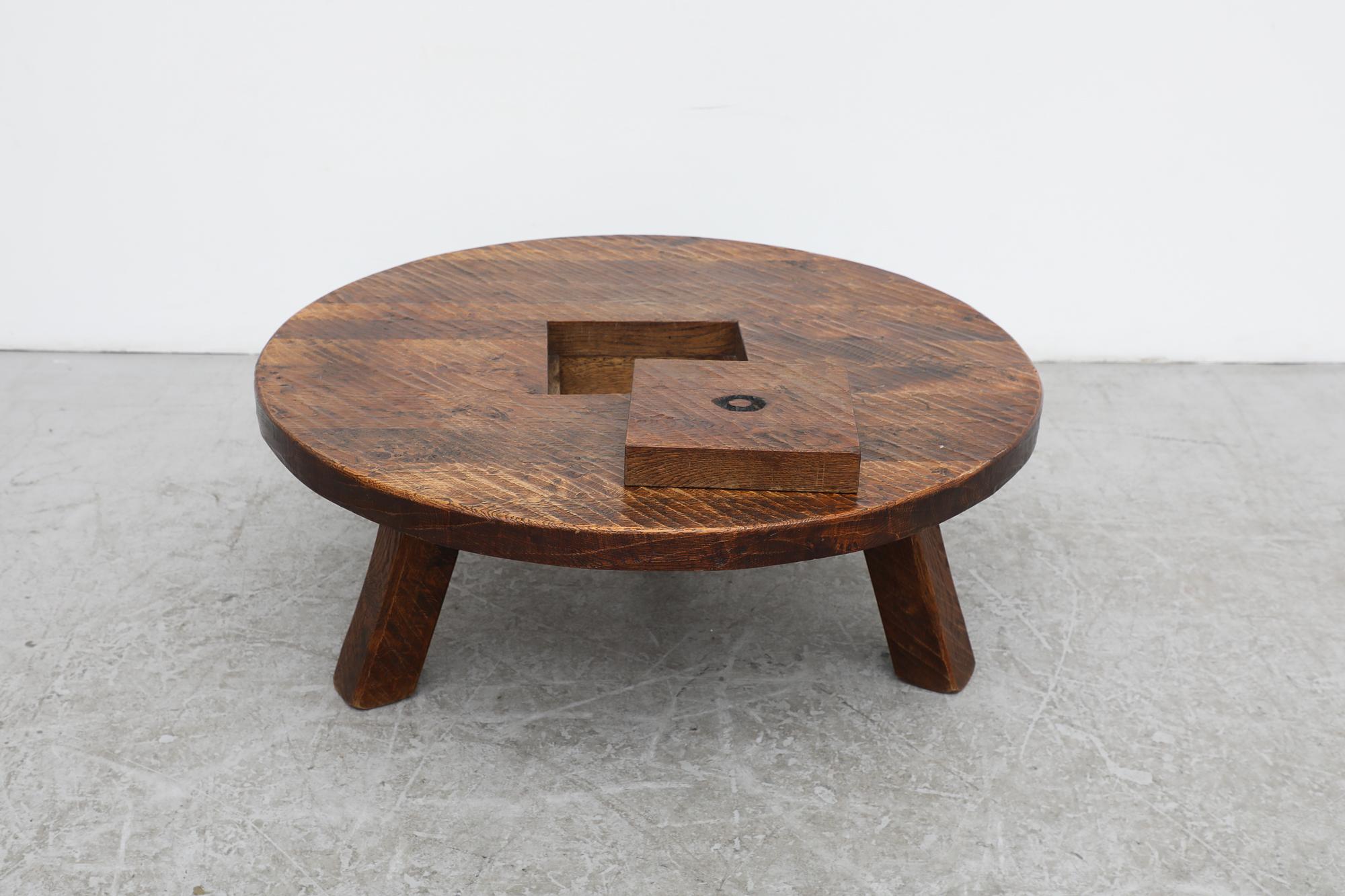 Brutalist Round Solid Oak Coffee Table with Stash Box at 1stDibs