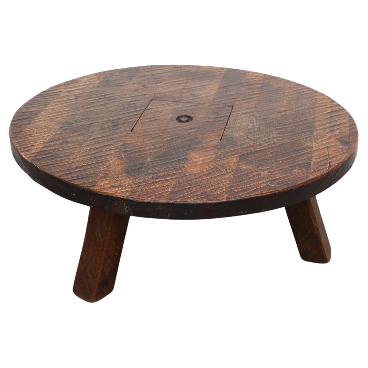 Brutalist Round Solid Oak Coffee Table with Stash Box at 1stDibs