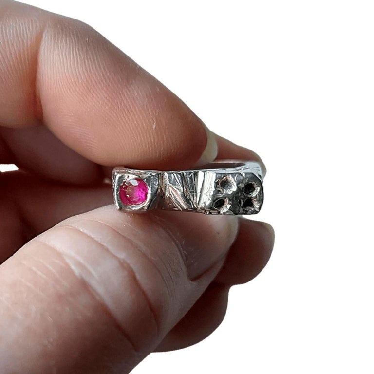 Brutalist Silver Ring with Gemstones For Sale at 1stDibs