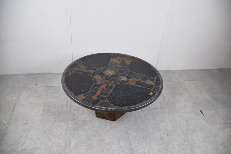 Brutalist Slate Stone Round Coffee Table, 1990s at 1stDibs