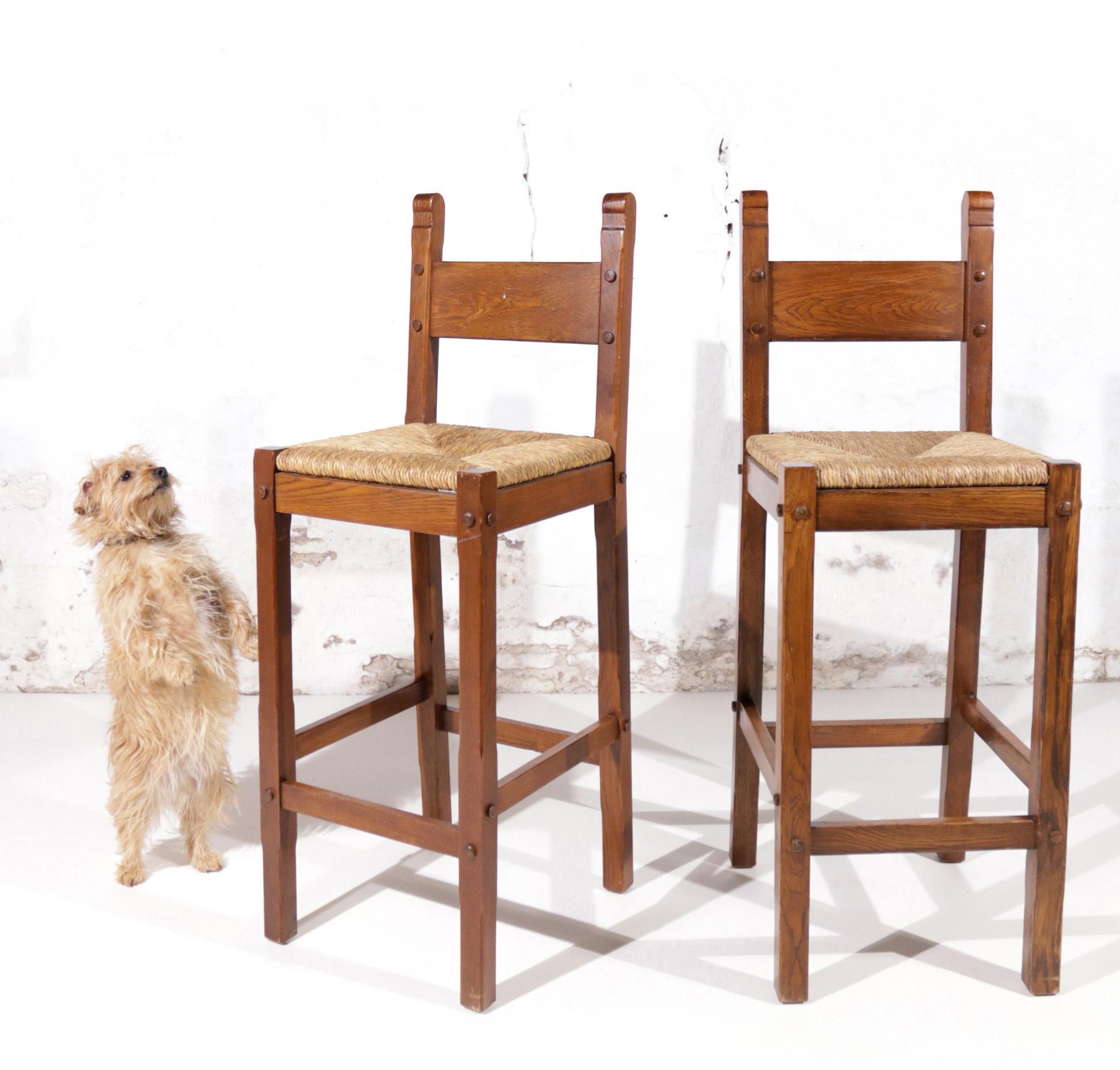 Brutalist Spanish Oak Rush Barstools 70's For Sale at 1stDibs