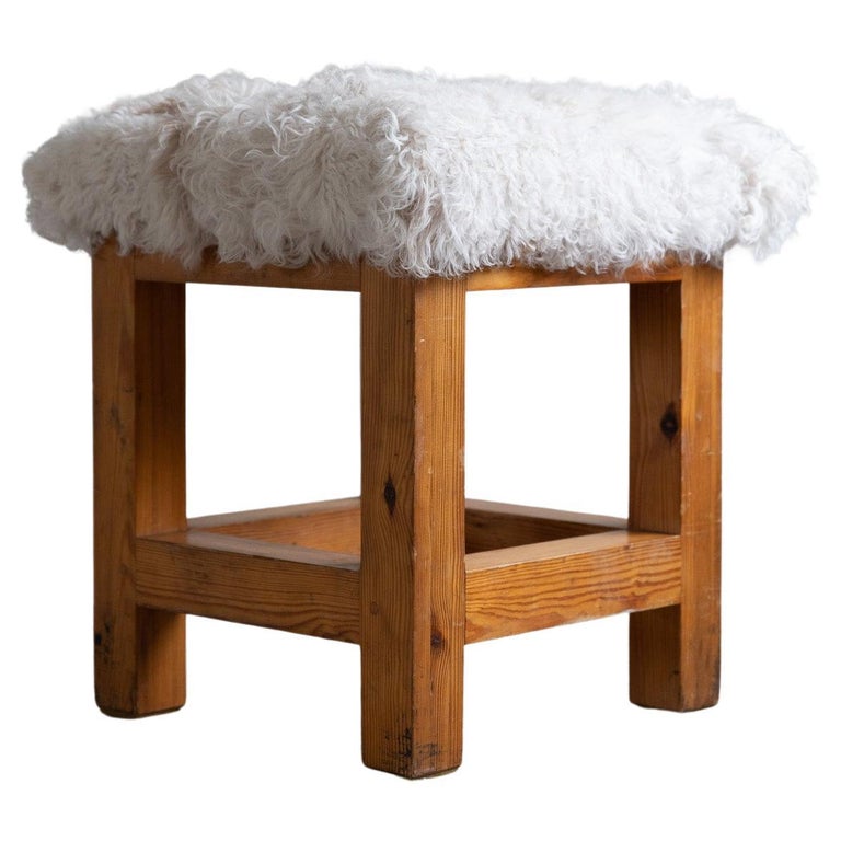Brutalist Stool in Solid Pine and Sheepskin, by a Danish Cabinetmaker ...