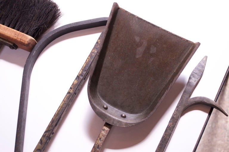 Brutalist-Style Hammered and Painted Iron Fire Tools with Wall-mounted ...