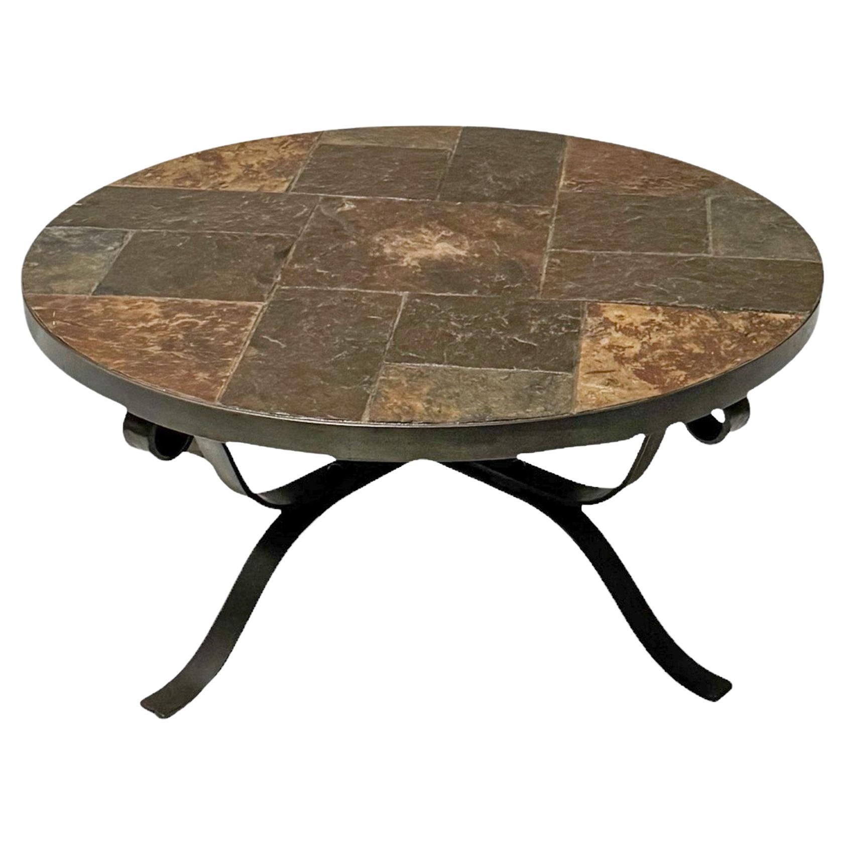 Unique Brutalist End or Coffee Table with Slate Stone Top and Wrought ...