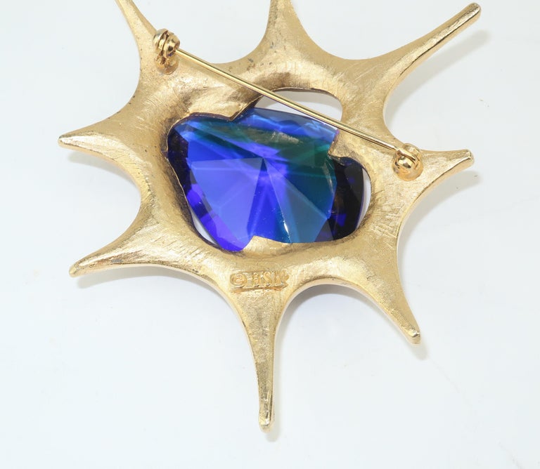 BSK Sapphire Blue Glass Gold Brooch For Sale at 1stDibs | bsk brooch ...