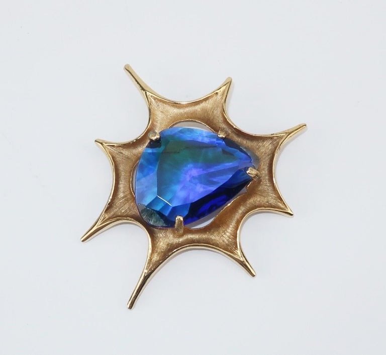 BSK Sapphire Blue Glass Gold Brooch For Sale at 1stDibs | bsk brooch ...