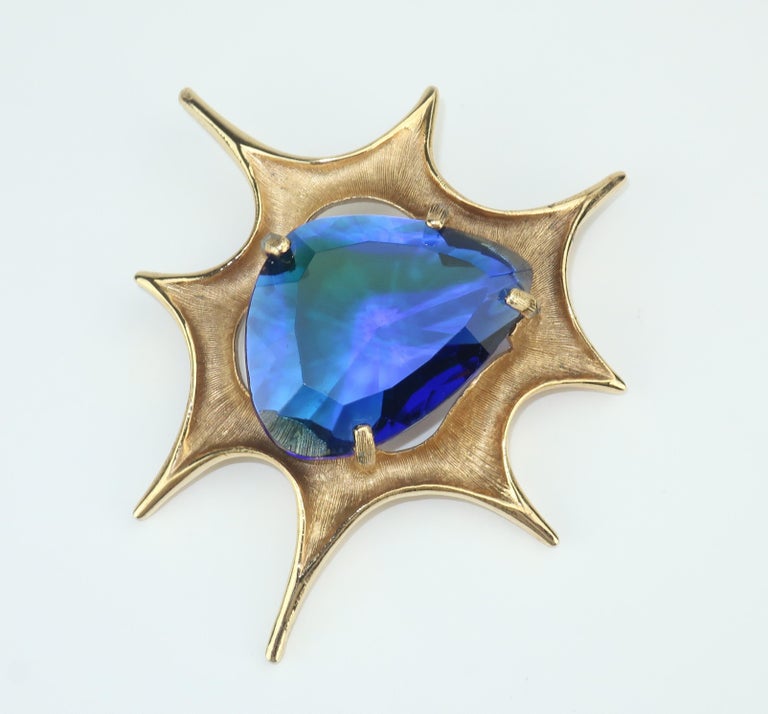 BSK Sapphire Blue Glass Gold Brooch For Sale at 1stDibs | bsk brooch ...