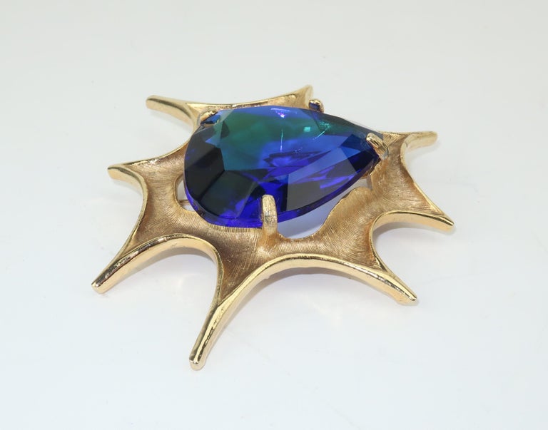 BSK Sapphire Blue Glass Gold Brooch For Sale at 1stDibs | bsk brooch ...