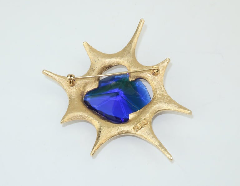 BSK Sapphire Blue Glass Gold Brooch For Sale at 1stDibs | bsk brooch ...