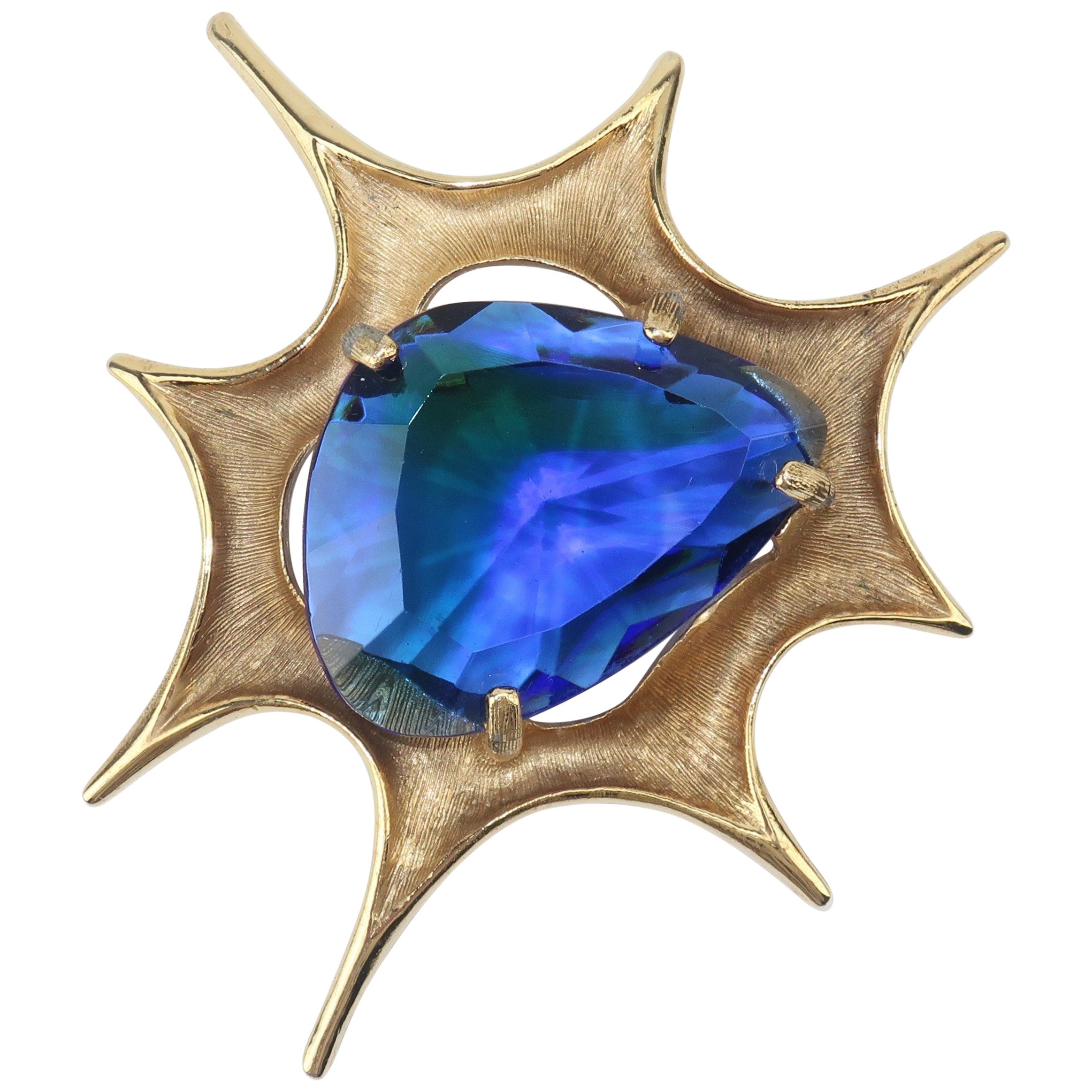 BSK Sapphire Blue Glass Gold Brooch For Sale at 1stDibs | bsk brooch ...