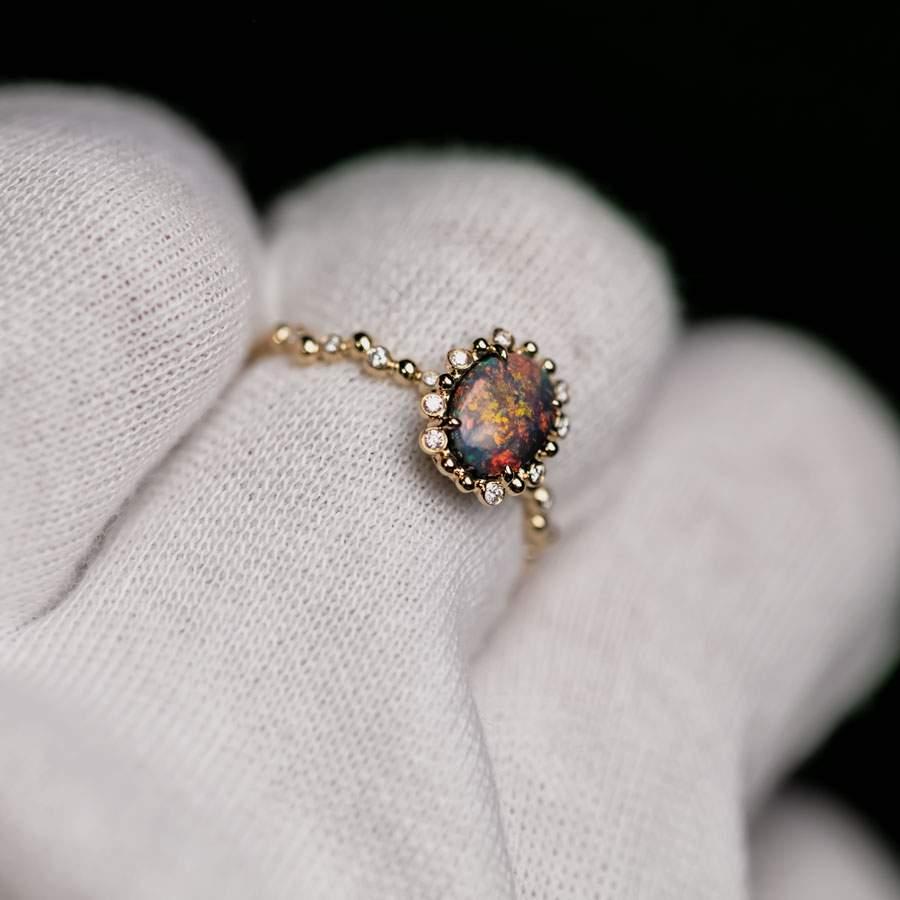 Bubble Tea Design Black Opal Diamond Engagement Ring 18K Yellow Gold ...