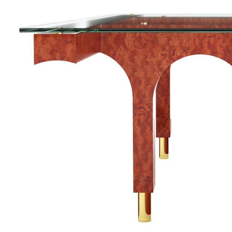 Bubinga Wood Dining Table with Glass Top and Brass Legs For Sale at 1stDibs