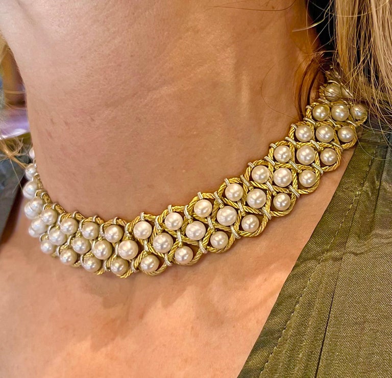 Buccellati 18k Gold Rete Pearl Collar Necklace For Sale at 1stDibs